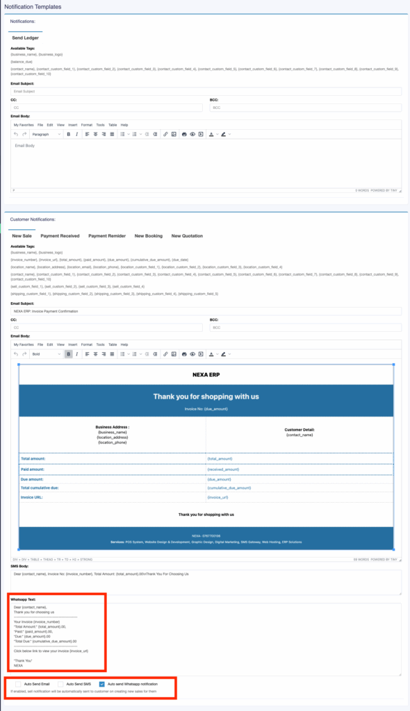 SMS / WhatsApp / Email Notification - NEXA ERP